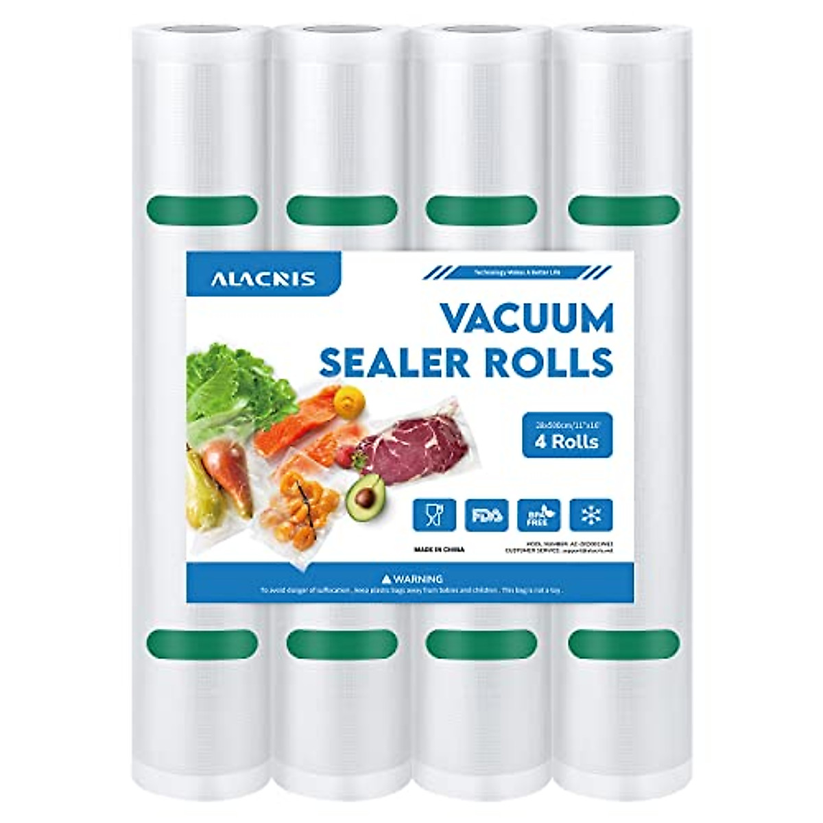 ALACRIS Vacuum Sealer Bags 11"x16' Rolls 4 pack for Food Saver, Seal a Meal, BPA Free, Heavy Duty, Great for vacuum storage, Meal Prep or Sous Vide