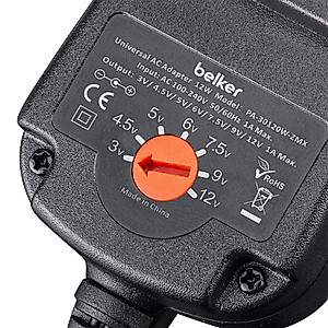 Belker 12W 3V 4.5V 5V 6V 7.5V 9V 12V Adjustable Voltage Universal AC/DC Adapter Power Supply for Household Electronics,Micro USB - 1A Max. [BN]