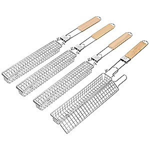 4 Packs 22” Extra Long Stainless Steel Kabob Grilling Baskets with Foldable Handle - Easy Lock 0.4” Mesh Grid Not Falling Out Design Grill Basket Set, Kabob Baskets for Grilling Vegetables, Seafood, Meat