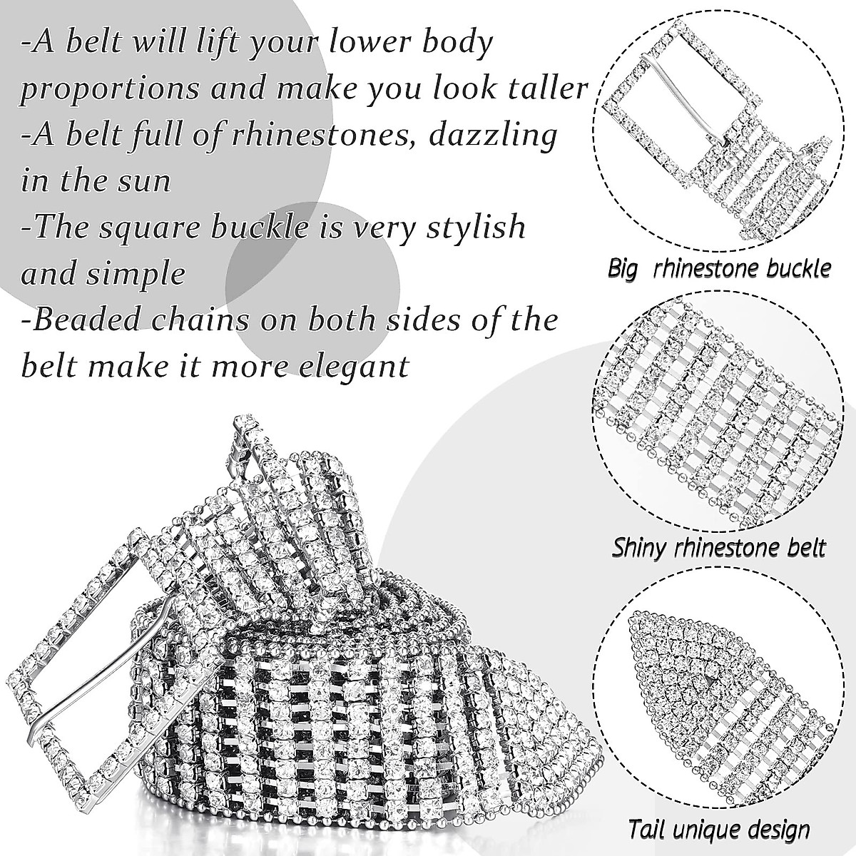 Geyoga 2 Pieces 5-8 Rows Women Rhinestone Belts Shiny Waist Belts Bling Glitter Chain Waistband for Jeans Dresses Pants (Silver)