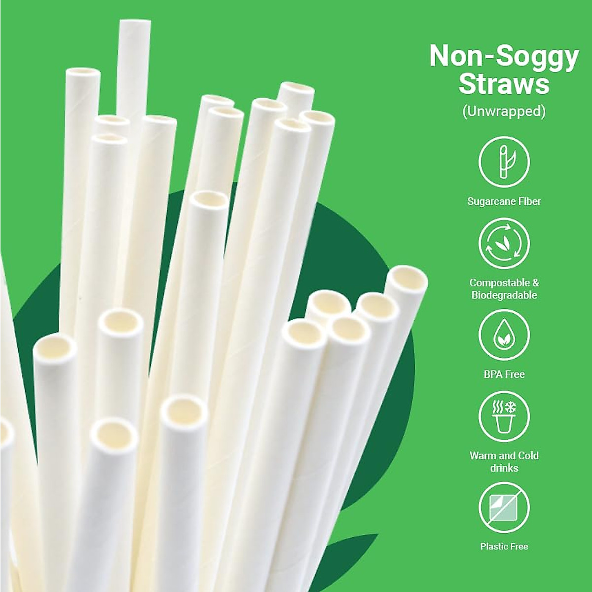 Unwrapped 8-Inches No-Sog Straws | Heavy Duty,100% Biodegradable, Plastic Free|Made of Plant-Based Sugarcane Fibers|Drinking Straws|Pack of 100