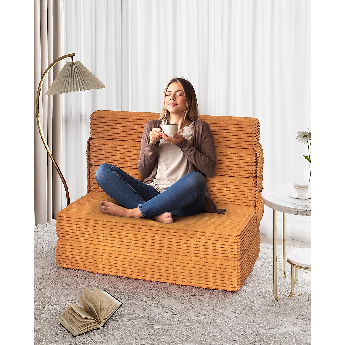 Zenzy Five Folding Sofa Bed, [Higher Backrests] [Luxury Corduroy] 6" Foldable Memory Foam Sleeper Chair, Floor Couch Foldable Mattress for Living Room/Dorm/Guest Room/Apartment, 75"x38"x6" Twin Size