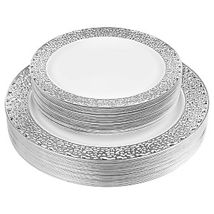 Elegant Plastic Dinner Plates Set China Link Disposable Dinnerware Set With Beautiful White Silver Lace Rims Plate Set Comes With 25 Dinner 10.25'' Plates 25 Salad Plates 25 7.25''