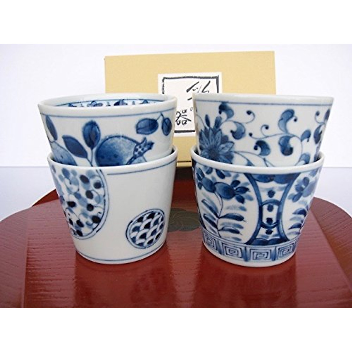 Mino Ware Japanese Soba Choko Cups Japanese Traditional Flowers and Pomegranate Pattern Set of 4