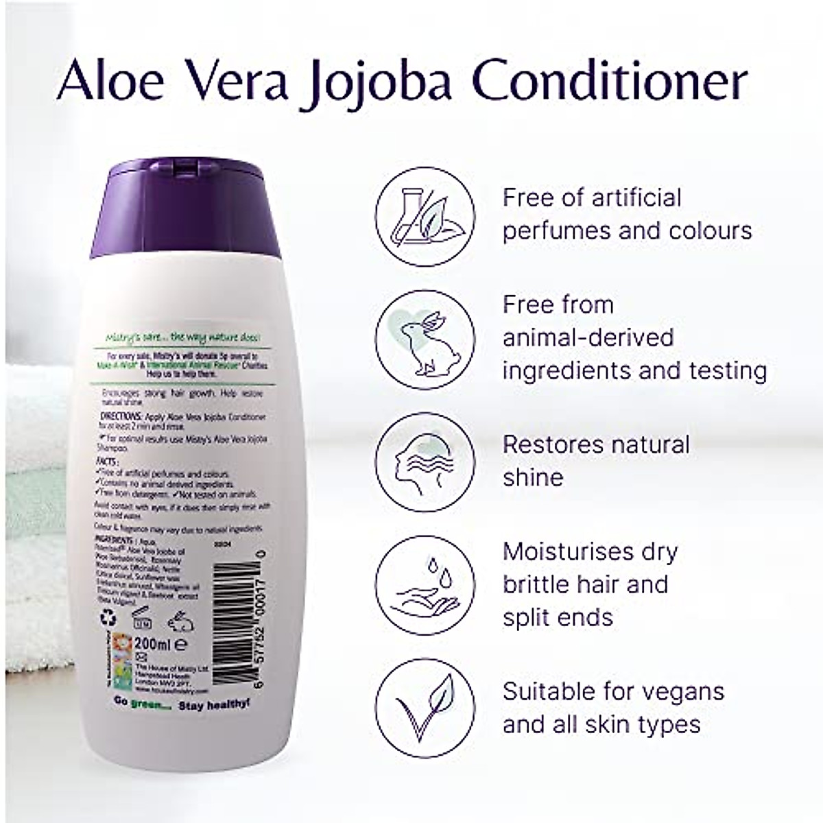 Mistry's Aloe Vera Jojoba Conditioner 200ml - Natural Hair Care, Gentle, Strengthening & Nourishing - Suitable for All Ages and Hair Types, Additive Free, Vegan,
