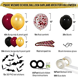 Magic Wizard School Balloon Garland Arch Burgundy Black Gold Latex Balloons Confetti Balloon Bat Sticker Tie Glasses Frame Set for Baby Shower Birthday Party Decorations