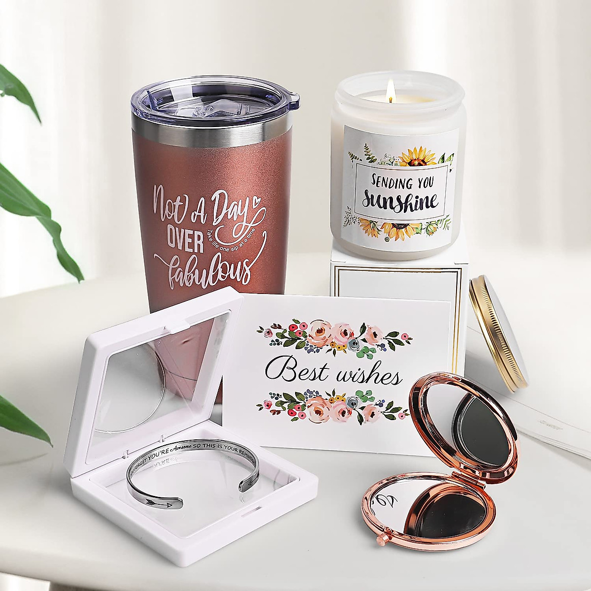 Birthday Gifts For Women, Unique Christmas Gifts for Her Best Friends Mom Grandma Sister Wife, Happy Women Birthday Gift Baskets - Funny Female Wine Tumbler Candle Bracelet Mirror Greeting Card