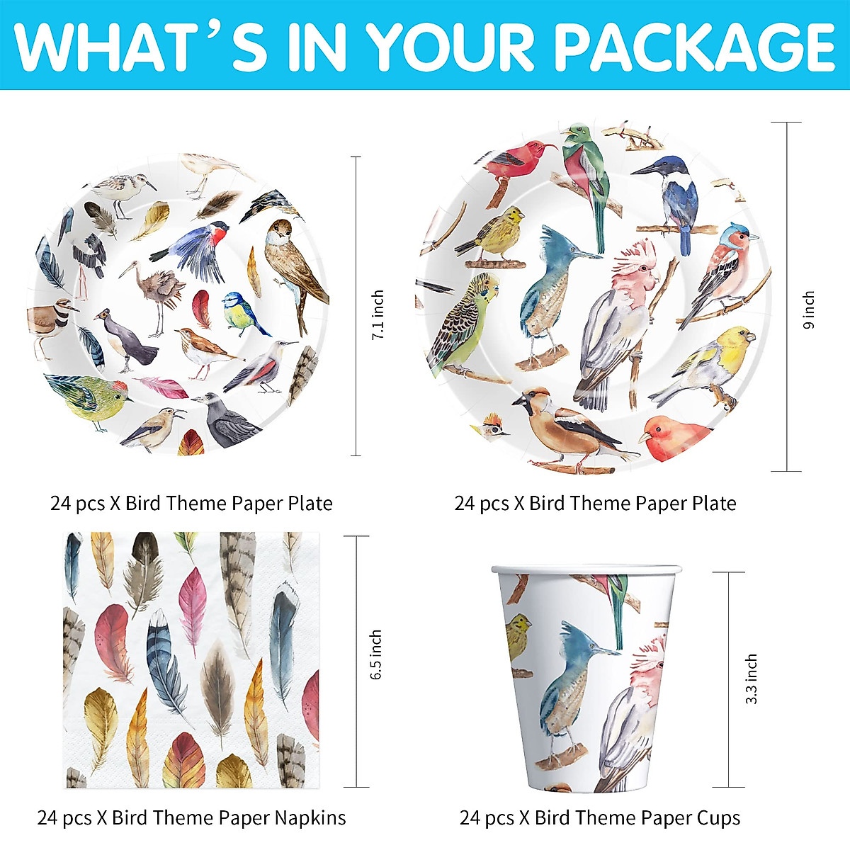 Xigejob Bird Party Tableware Decorations - Bird Plates And Napkins Party Supplies, Plate, Cup, Napkin, Colorful Bird Bridal Baby Shower Birthday Wedding Spring Summer Tea Party Dinnerware | Serve 24