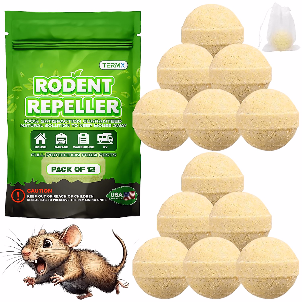 TERMX Mothballs for Rodents 12Pack Moth Balls for Outdoor use Peppermint Oil for Mice Best Mouse Repellent Pouches Mice Repellent Indoor Rat Repellent for House Basement Attic Office Garage RV etc