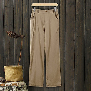 Leirke Womens Linen Buttons Cropped Pants High Elastic Waist with Pockets for Summer Casual Work Crop Pants Stretch Capris(Khaki,Medium)