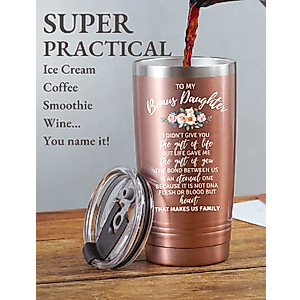 Onebttl Bonus Daughter Gifts, Gifts for Bonus Daughter on Birthday, Christmas or Thanksgiving, 20oz Stainless Steel Travel Mug with Lid and Straw Rose Gold - To My Bonus Daughter
