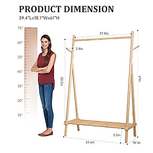 KASLANDI Solid Wood Clothes Rack, Clothing Rack with Shelf and Hook, Sturdy and Portable, Garment Rack for Hanging Clothes,Coats,Skirts,Shoes,Bags,Easy to Assemble (Natural)