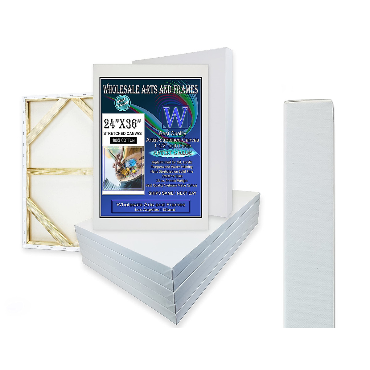 1-1/2" Gallery Depth White Stretched Canvas 24x36 2 Pack 13oz Professional Artist Quality, 100% Cotton, Art Supplies for Crafts, Gesso-Primed for Oil & Acrylic Hand Stretched in USA