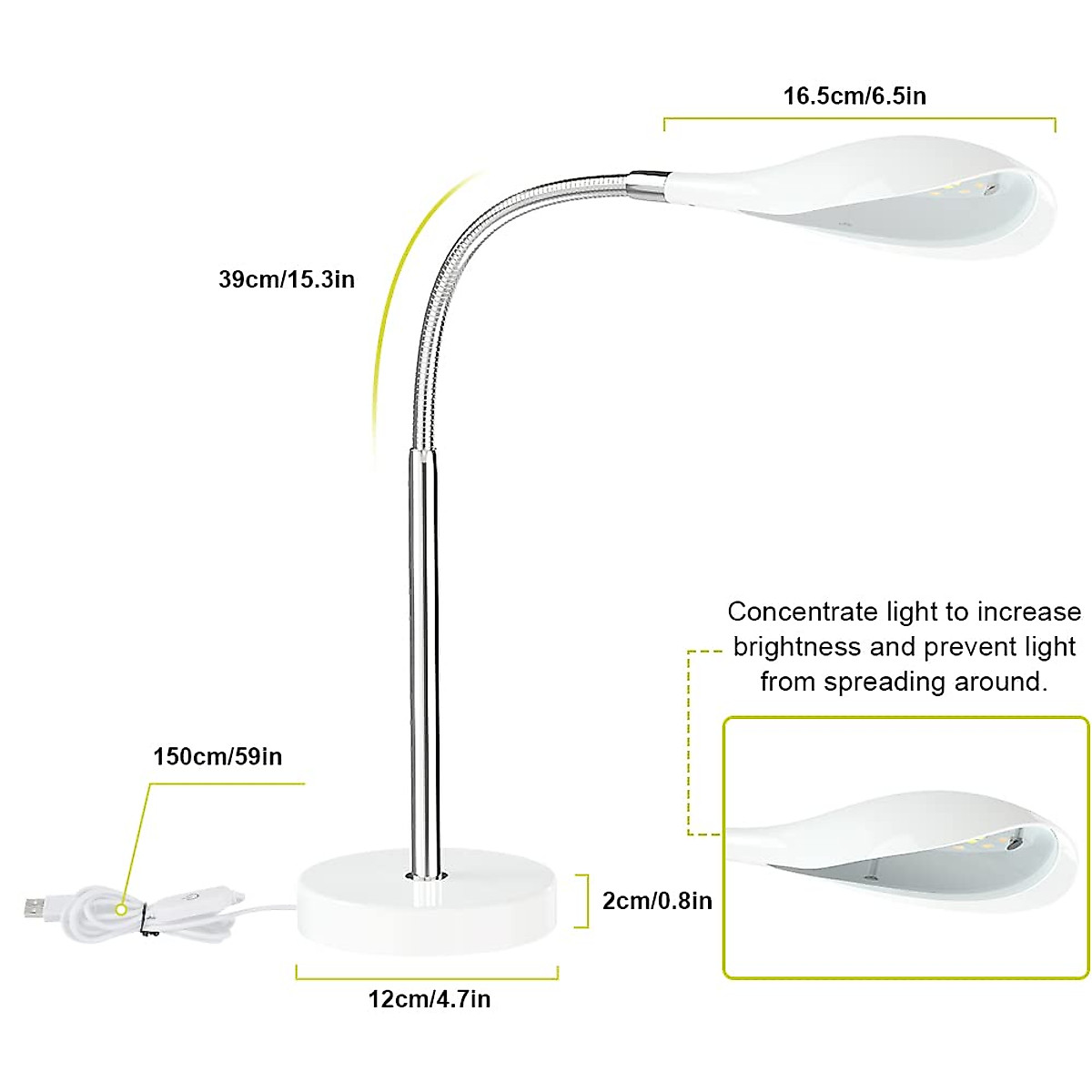 DLLT Dimmable LED Desk Lamp with 3 Light Modes, Eye-Caring Reading Light with Touch Control and 360°Flexible Neck, Bedside Nightstand Lamp for Study Office Bedroom, USB Cable Adapter, White