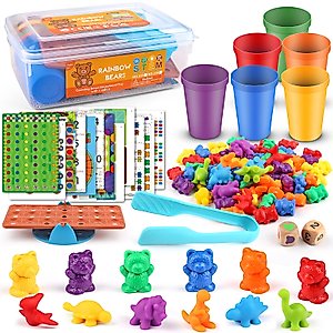 Rainbow Counting Bears Activity Toys Set 92Pcs,Number Color Recognition Games Matching Sorting Cups Libra Little Dinosaur and Dice,Early Educational Toys Gift for 3 4 5 6 year olds Kids Girls Boys