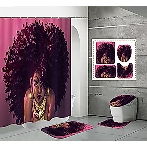 4 Pcs African American Bathroom Shower Curtain Sets with Rugs Lovely Black Girl with Shiny Necklace Shower Curtains with Toilet Lid Cover and Bath Mat Afro Black Girl Bathroom Sets with 12 Hooks