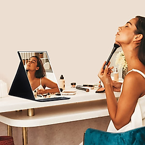 ZBEIVAN 12x9 Inches Extra Large Portable Folding Makeup Mirror, Frameless PU Leather Vanity Mirror with Stand for Desk Table Camping Travel Personal, Black