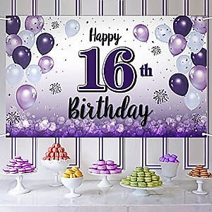 LASKYER Happy 16th Birthday Purple Large Banner - Cheers to Sixteen Years Old Birthday Home Wall Photoprop Backdrop,16th Birthday Party Decorations.