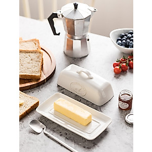 YHOJOY Cow Butter Dish, Ceramic Butter Dish with Lid for Countertop, White Butter Tray with Handle, Farmhouse Covered Butter Holder Container for East West Coast Butter Storage