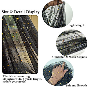 Black Glitter Tulle Fabric Rolls 63 inch by 5 Yards Gold Star Moon Sequin Tulle Netting Fabric for Tutu Skirt Sewing DIY Crafts Wedding Birthday Baby Shower