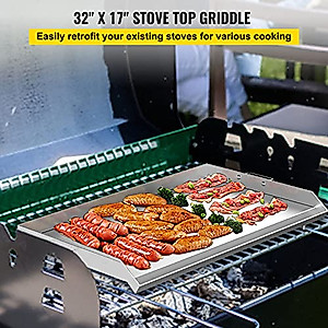 VEVOR Stainless Steel Griddle,32" X 17" Universal Flat Top Rectangular Plate, BBQ Charcoal/Gas Grill with 2 Handles and Grease Groove with Hole，Grills for Camping, Tailgating and Parties