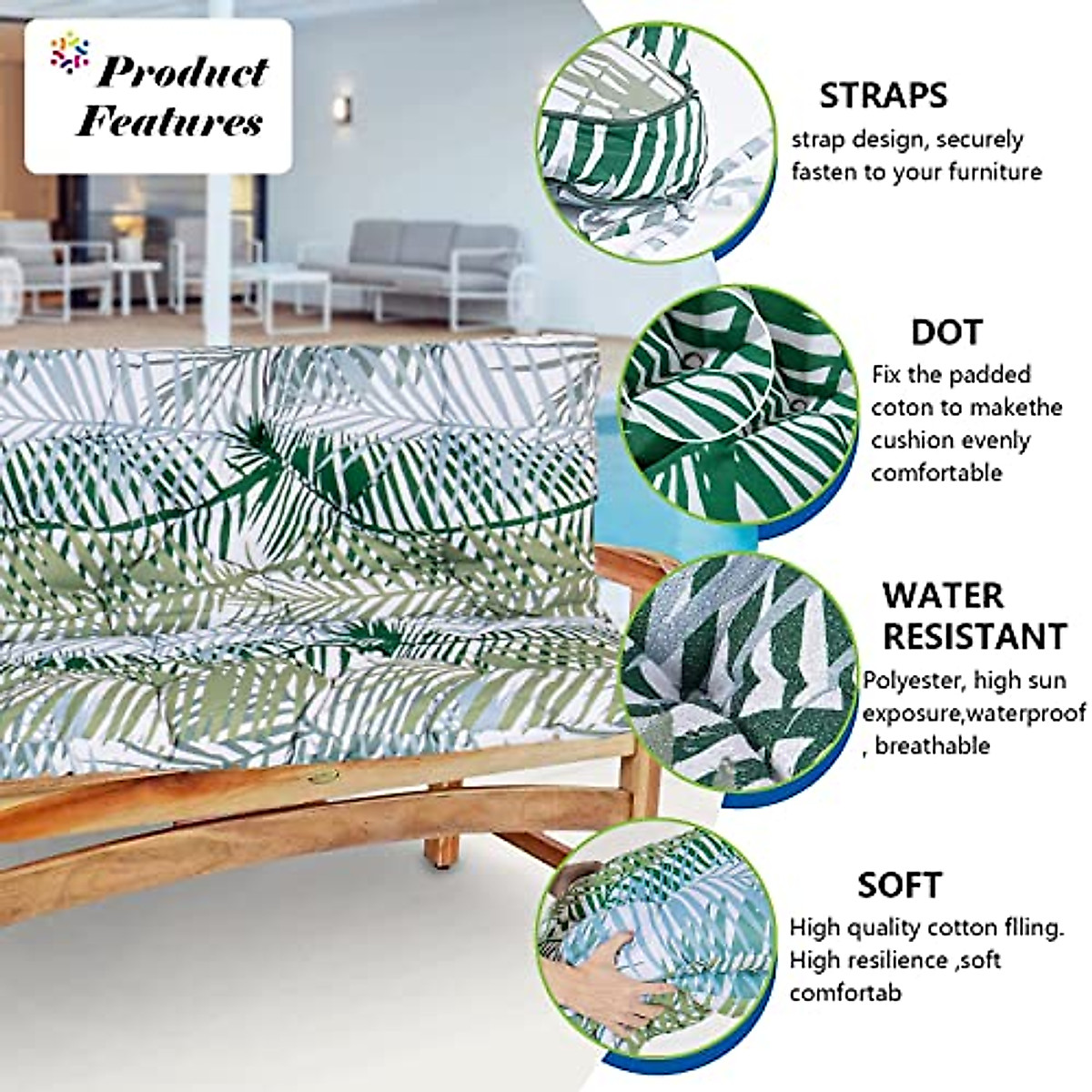 bumuam Swing Replacement Seat Cushions, Outdoor Swing Cushions 3 Seater Waterproof Porch Swing Cushions with Backrest Bench Cushion for Patio Backyard Garden Furniture (Bamboo Leaves 60x40in)