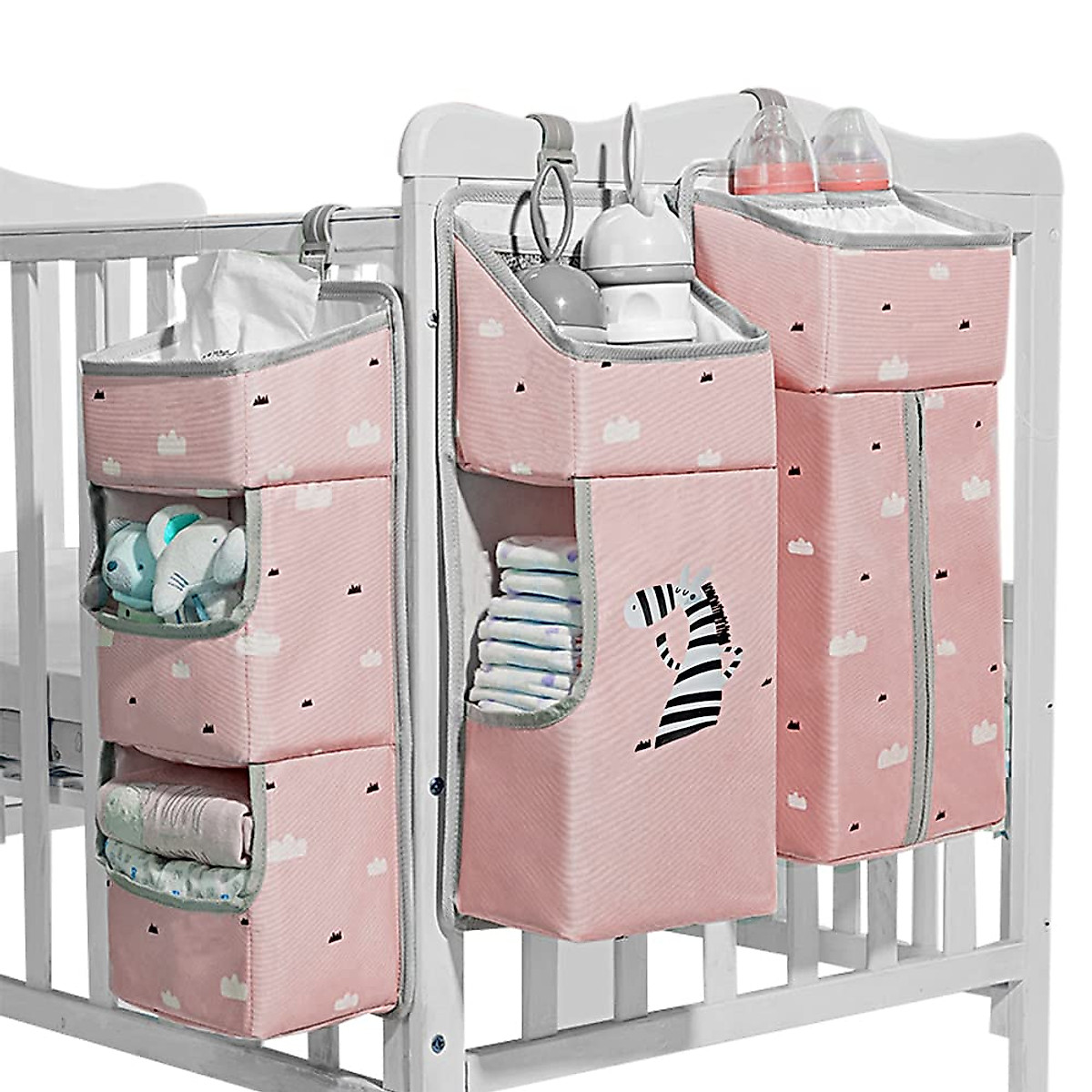 TOCKONIMN Hanging Diaper Caddy Organizer for Baby Crib - 3-in-1 Diaper Stacker for Changing Table Nursery Organization Storage Holder for Baby Essentials Attachment Portable Combining Clothing