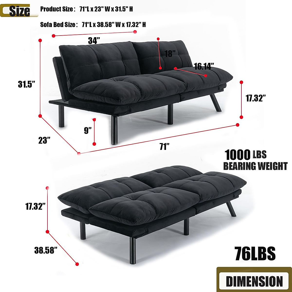 71" Velvet Futon Couch Bed with Mattress Included,Convertible Folding Sleeper Sofa Bed with Adjustable Backrests,Modern Loveseat Sleeper for Living Room Bedroom Small Space Home Office (Black-1)