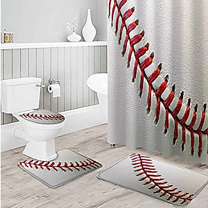 4 Pieces Bathroom Shower Curtain with Mats Set Sports Baseball Texture Closeup Background,Non-slip Bath Rugs Toilet Lid Cover U-shaped Carpet,Red and White Lines Laces Doormats Waterproof Curtains