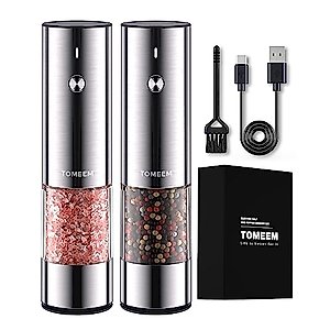 [Upgraded Larger Capacity] Electric Salt and Pepper Grinder Set Rechargeable with LED lights - Stainless Steel Automatic Pepper Grinder and Salt Grinder Refillable with 6 Adjustable Coarseness