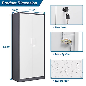 PEUKC Metal Garage Storage Cabinet, 71-inch Tall Cabinet with Adjustable Shelves & Locking Doors, Tool Cabinets for Garage,Office,Home,School,Gym (Grey White)