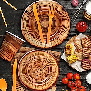 Xenorik Wood Grain Slice Paper Plates And Napkins Party Supplies For Birthday Baby Shower Wedding - Wooden Plates, Cup, Napkin, Fork, Lumberjack Camping Hunting Party Decorations Tableware | Serve 24