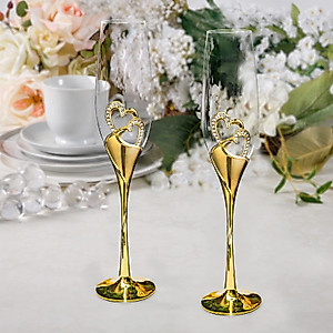 Wedding Champagne Glass Set Gold Toasting Flute Glasses Deluxe Pack of 2 with Rhinestone Rimmed Hearts Decoration for Wedding, Anniversary and Special Occasions