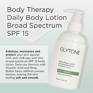 Glytone Daily Body Lotion Broad Spectrum SPF 15 with Glycolic Acid & Shea Butter, Retexturizing Moisturizer, Fragrance Free, 12 oz.