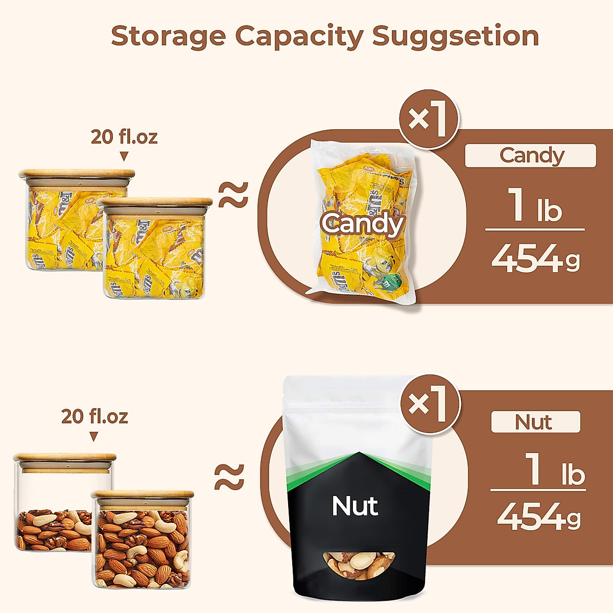 ComSaf 20 oz Glass Food Storage Jars Set of 6, Clear Storage Containers with Airtight Bamboo Lid, Pantry Organization Jar, Spice, Blooming Tea, Coffee and Sugar Container, Canister Set for Kitchen