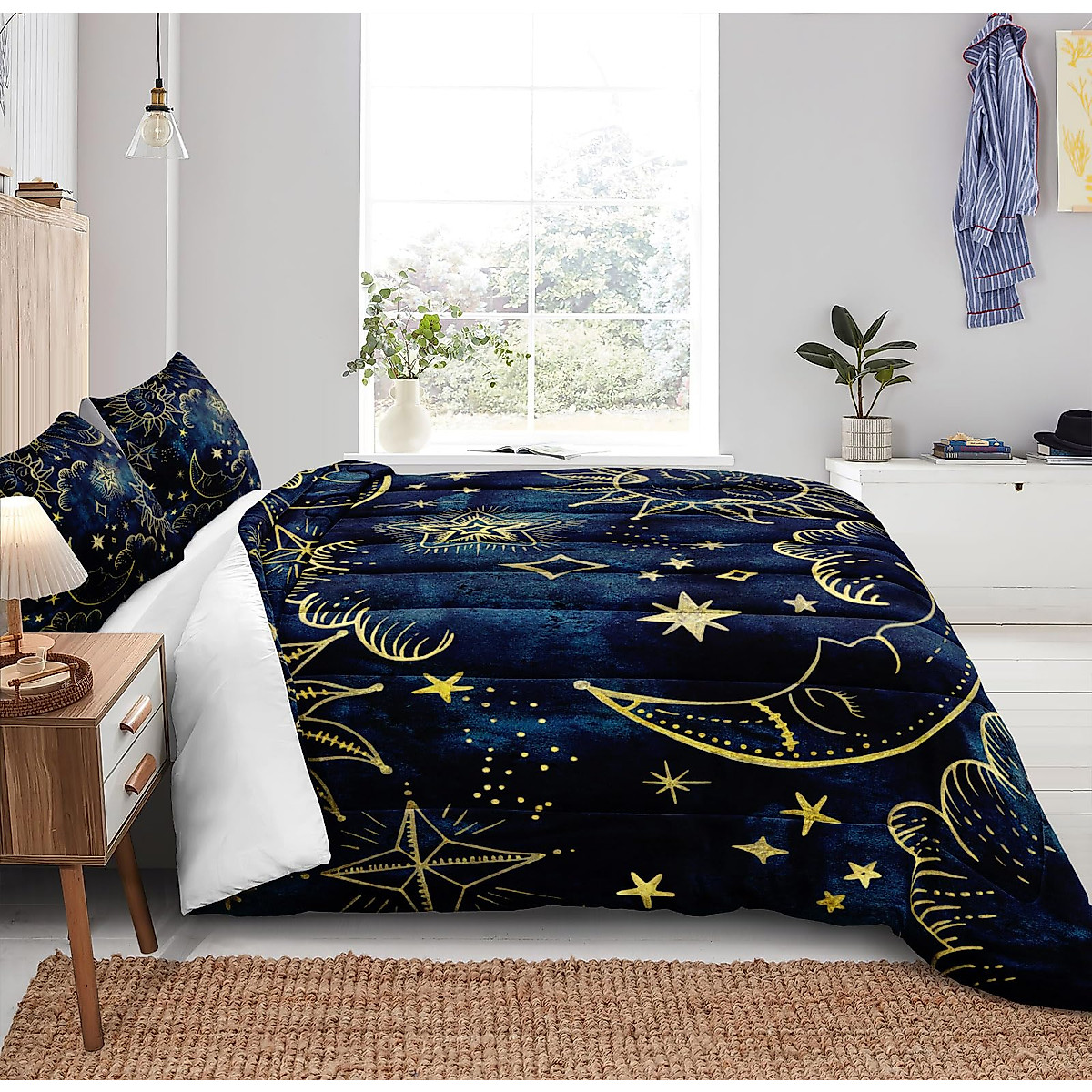 Merryword Sun and Moon Comforter Set Queen Size Blue Gold Bedding Comforter Blue Universe Galaxy Sun Moon Pattern Bohemian Gothic Comforter Set for Kids Boys Teens