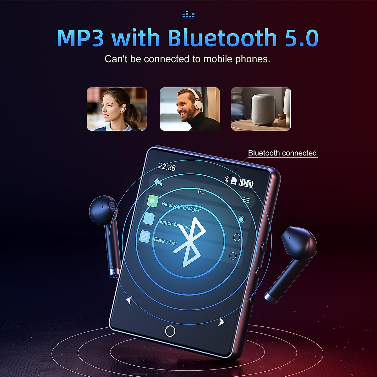 64GB Mp3 Player with Bluetooth 5.3, 2.8" Full Touch Screen Music Player, Portable Digital Lossless Media Player with FM Radio Speaker for Kids, Up to 128GB, Protective Case Headphones Included