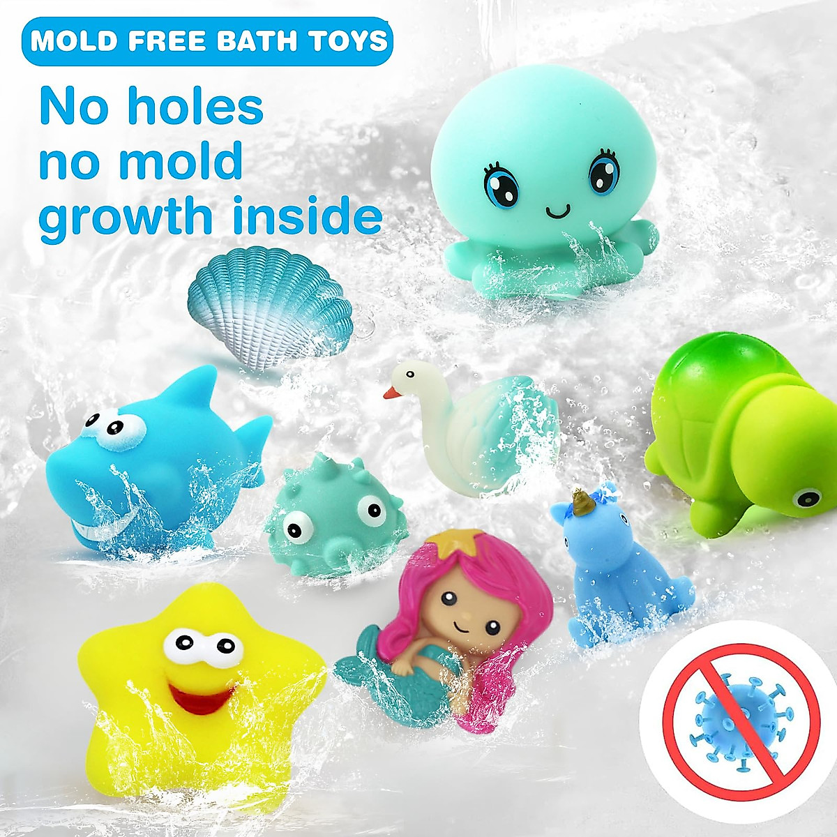 Light Up Bath Toys, 9pcs No Hole Mold Free Toddler Flashing Colourful Bathtub Mermaid Toy, Floating Rubber Shower Toy for 6 to 12 Months Infant Baby Age 1-3 Kids Boy Girl Birthday