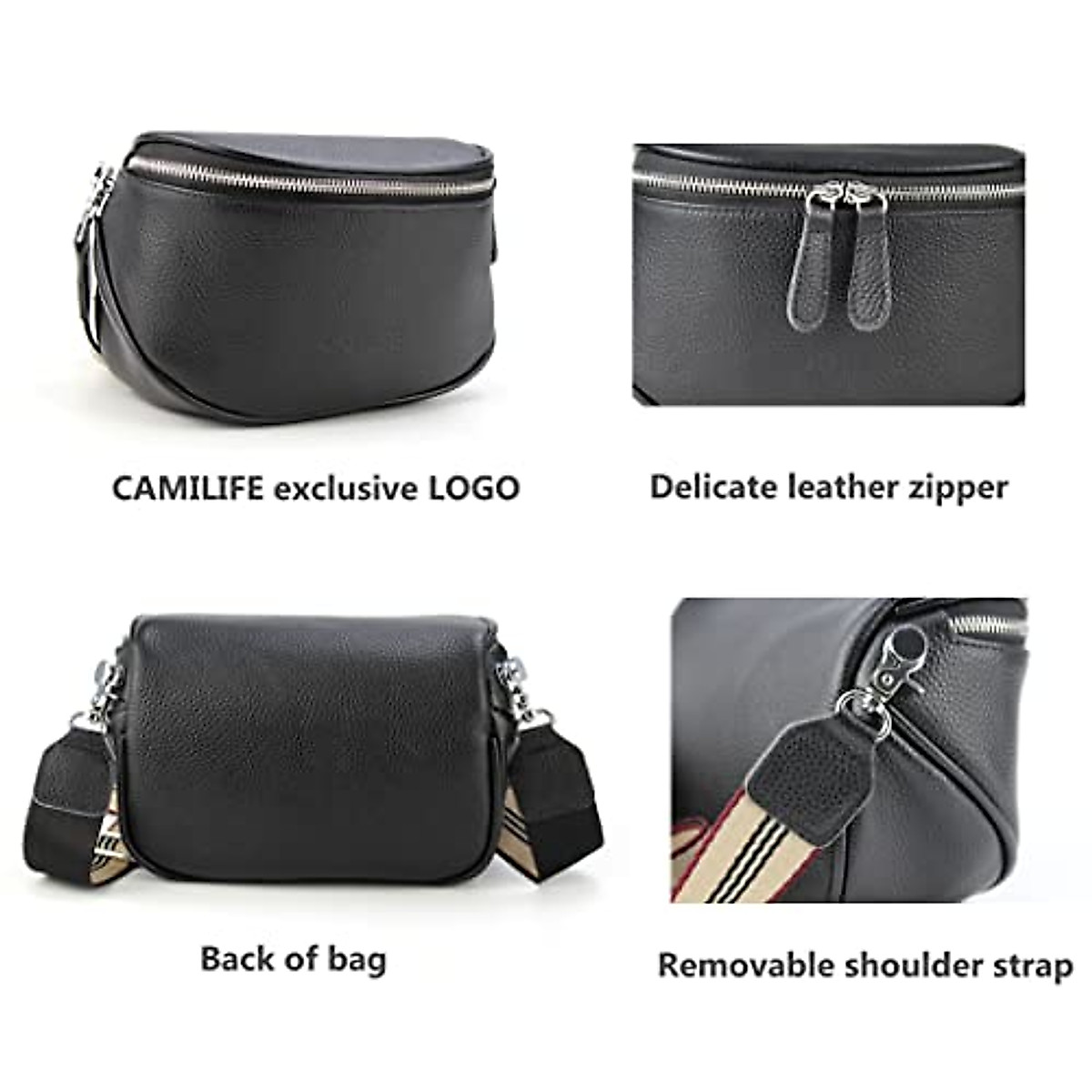 Soft Real Leather Crossbody Bags for Women Shoulder Bag Women's Real Leather Messenger Bag Bumbag with Wide Changeable Strap (Black-Leather)