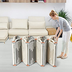 Costzon Baby Playpen, 14-Panel Foldable Large Baby Playard w/Locking Gate, Non-Slip Rubber Bases, Adjustable Shape, Portable Baby Fence Play Area Design for Indoor Outdoor Use (Beige + Gray)