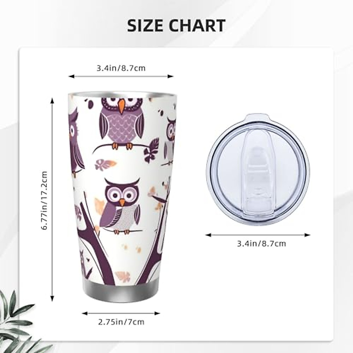 Owl Tree Branches Tumbler with Lid and Straw 20oz Stainless Steel Car Cup for Hot and Cold Drinks, Double Wall Insulated Travel Coffee Mug Reusable Drink Thermos Cup Birthday Gifts