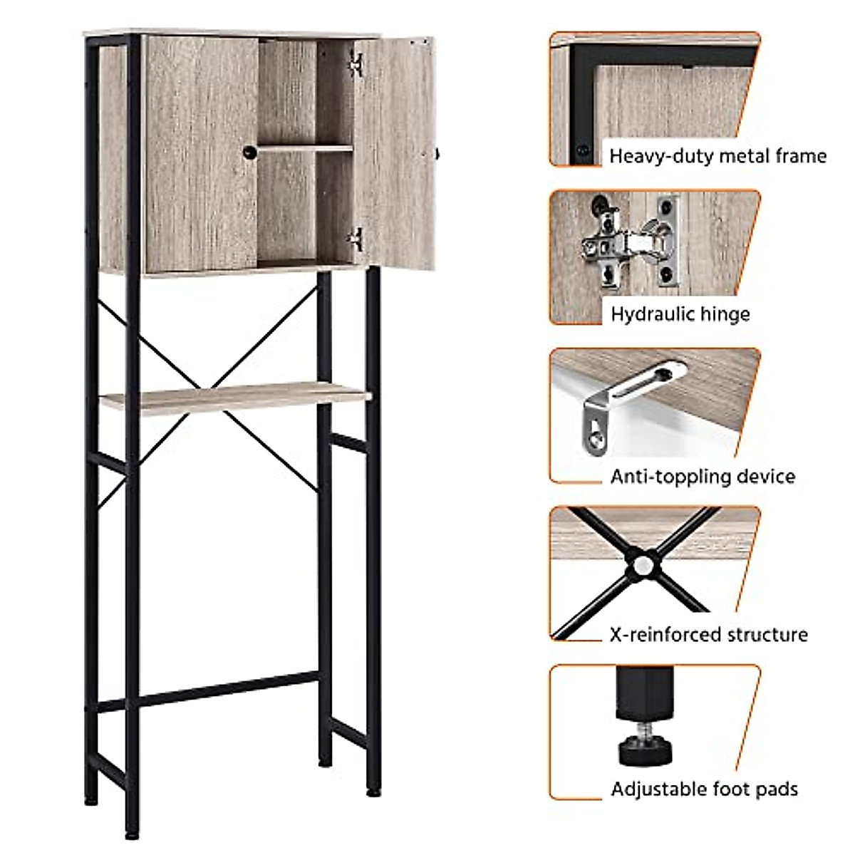 Yaheetech 2-Piece Bathroom Furniture Sets, Includes 3-Tier Over-The -Toilet Storage Organizer Rack Stand with Door, Rustic Floor Storage Cabinet with 2 Open Shelves for Bathroom, Gray