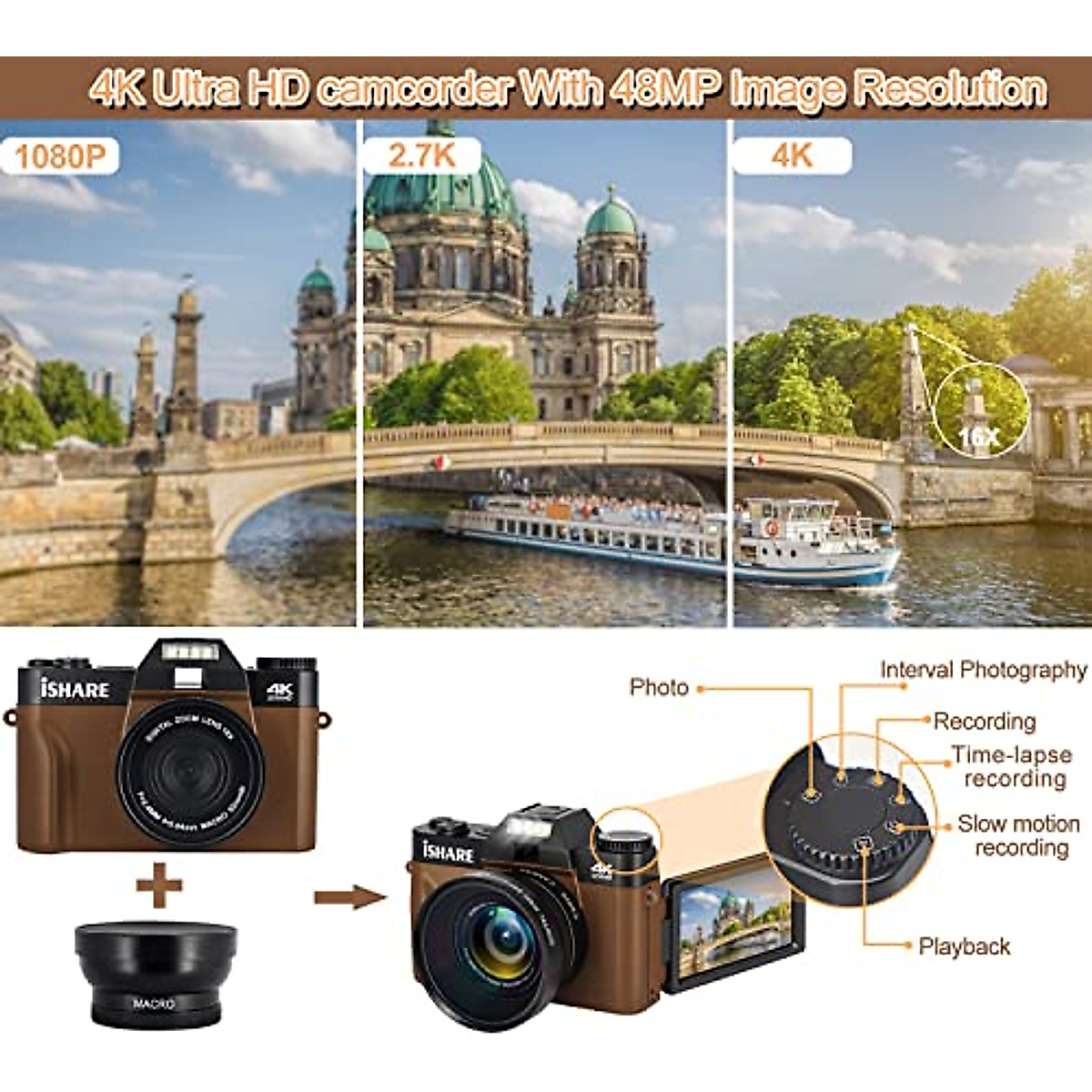 Digital Camera for Photography,Vlogging Camera for YouTube with WiFi 180° Flip Screen,16X Digital Zoom,Digital Camera for Kids and Adults with One Batteries,Wide-Angle Lens and 32GB Micro Card