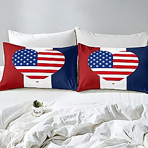 Erosebridal American Flag Duvet Cover Full, Flag Stars Stripes Bedding Set for Children, Independence Day American Flag USA Patriotic Heart Comforter Cover, United States Stripe Red Blue Quilt Cover