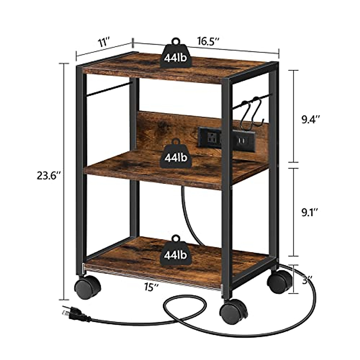 ALLOSWELL 3-Tier Mobile Printer Stand, Rolling Cart with Power Outlets and USB Ports, Industrial Printer Cart, Home Utility Storage Rack with 2 Hooks, for Office, Living Room, Rustic Brown PTHR40E01