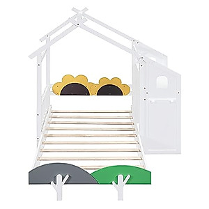BIADNBZ Twin Size House Bed Frame with Desk and Two Handles, Wooden Platform Bedframe w/Windmill, Roof&Flower Decor, for Kids Boys Girls Bedroom, White