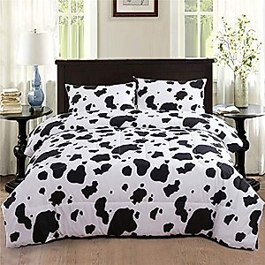 PERFEMET Cow Print Bedding Comforter Set Cartoon Milk Cow Print Bedding Set Reversible Plaid Grid Bed Sets for Kids Teens Boys Girls (Twin/Twin XL Size, Black and White)
