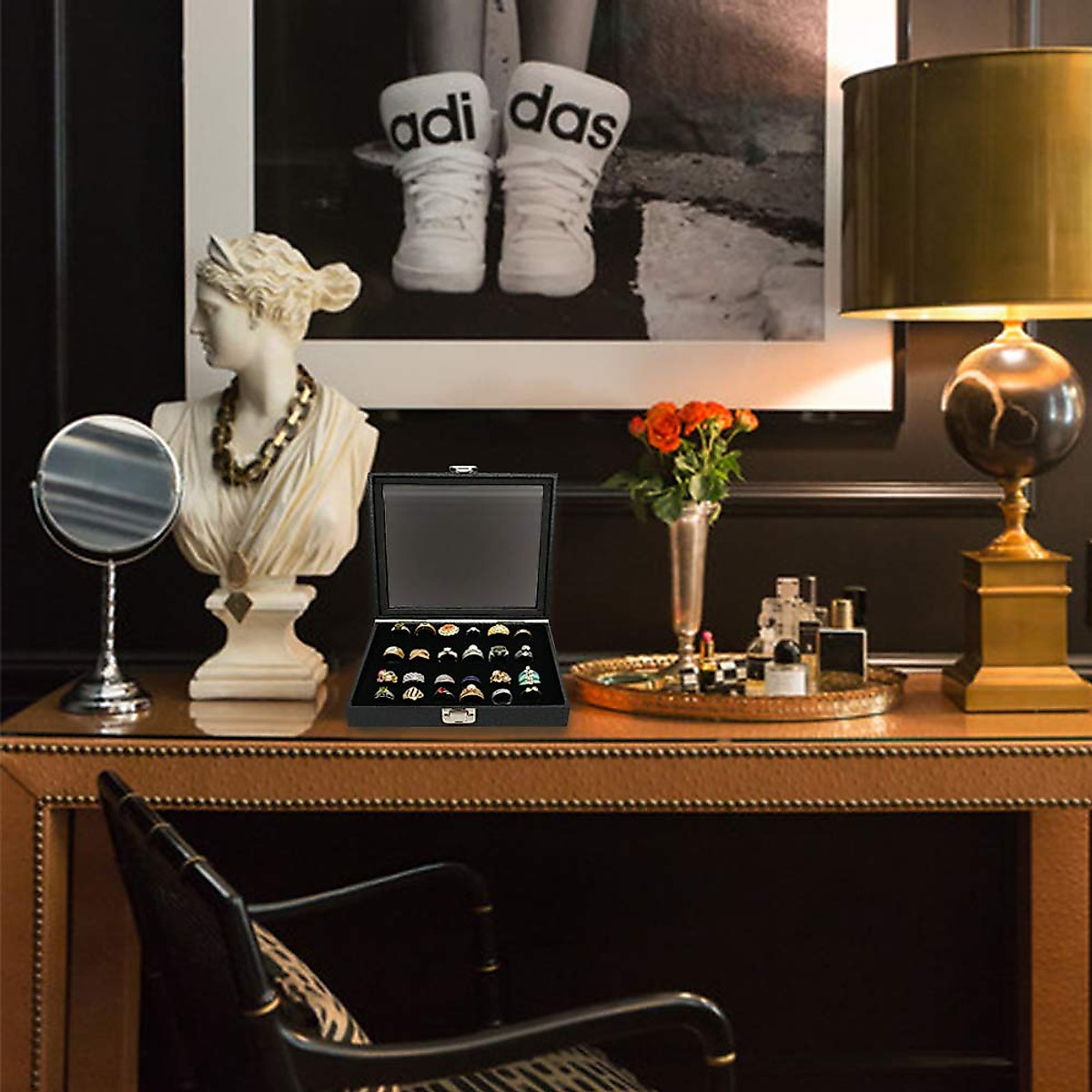 Barelove Jewelry Rings Storage Organizer Case, Black Wooden 36 Slot Velvet Glass Ring Storage Box Display, Earrings Stand Boxes Holder Organized Tray for Jewelry Showcase