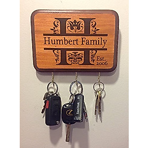 Personalized Key Holder for Wall - Custom Key Hanger with Family or Couple's Name | Vinyl or Laser Engraved Options | Natural Wood Key Rack | Made in USA.