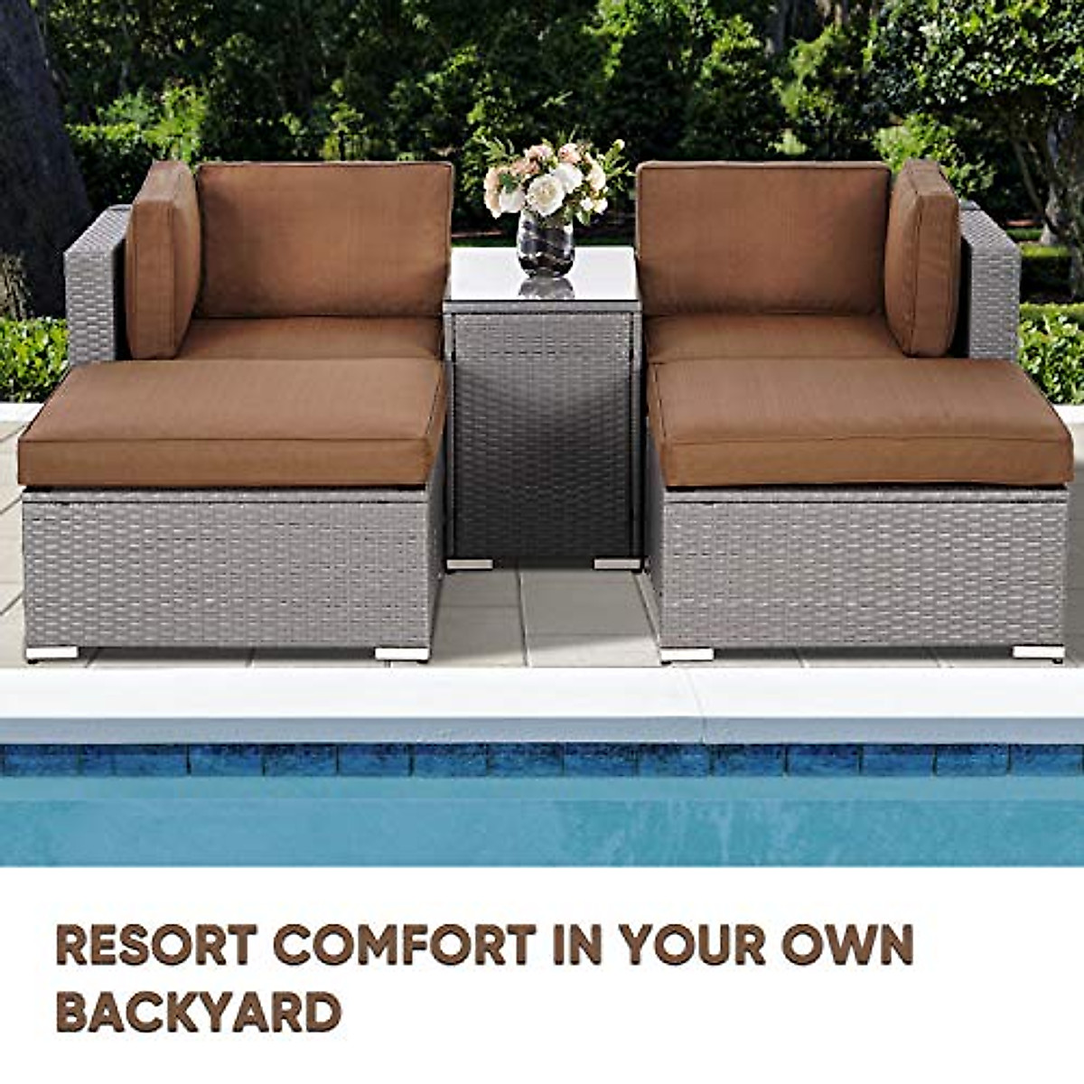 Oakmont 5 Pieces Patio Furniture Sectional Set Outdoor All-Weather PE Rattan Wicker Lawn Conversation Sets Cushioned Garden Sofa Set with Glass Coffee Table(Brown)